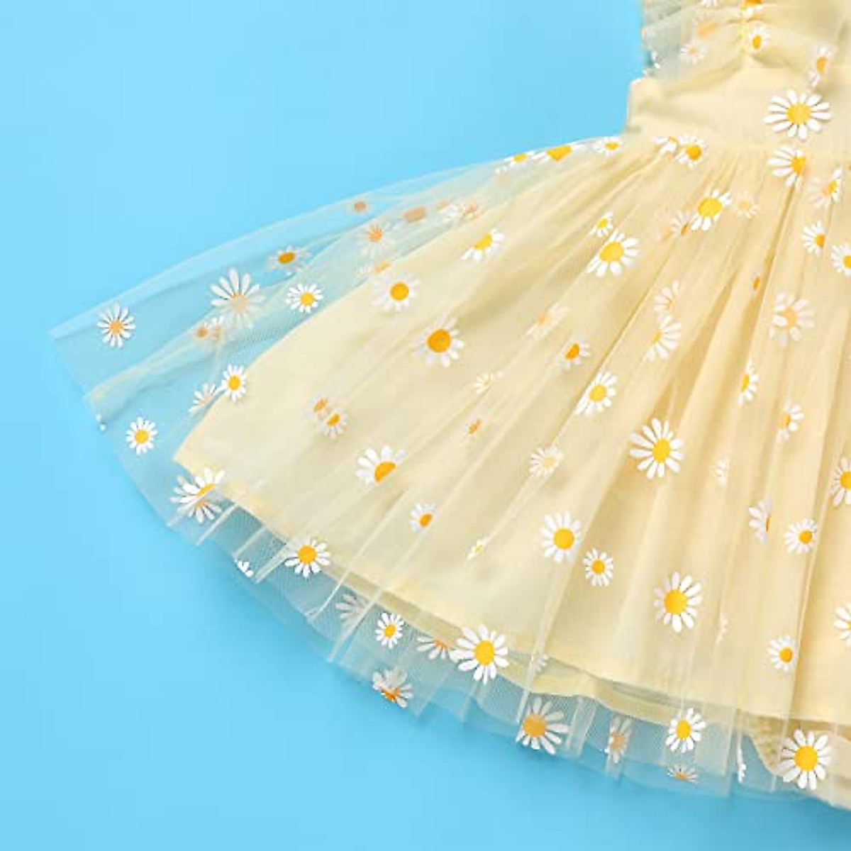 Newborn Infant Baby Girl Ruffle Tutu Romper Dress 1st 2nd Birthday Party Cake Smash Outfit Toddler Summer Flutter Sleeveless Floral Princess Tulle One-picece Baptism Pageant Dress Yellow Daisy 6-12M
