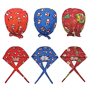 Christmas Printed Working Cap with Button and Sweatband Adjustable Bouffant Hats for Women Men （3 Pcs）