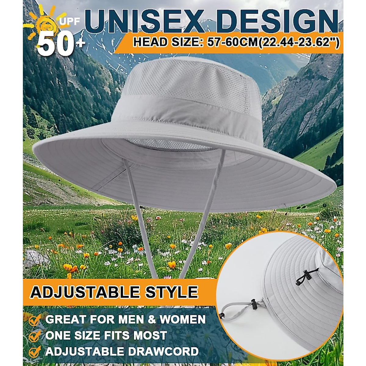 Home Prefer UPF50+ Mens Sun Hat Wide Brim Fishing Hat Airy Womens Sun Protection Hat Gardening Beach Bucket Hat Light Grey