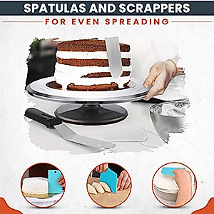 RFAQK 50PCs Cake Turntable Set -12" Aluminum Revolving Cake Stand- Professional Cake Decorating Supplies Kit with Straight & Offset Icing Spatula-Numbered Icing Tips & Bags- Cake Leveler