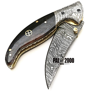 PAL 2000 HUNTING KNIVES FOL-9111 Handmade Damascus Steel Pocket Knife Stained Bone Handle With Sheath