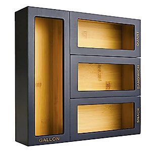 Cozee Bay Bamboo Ziplock Bag Organizer for Kitchen Drawer, Baggie organizer, Compatible with Gallon, Quart, Sandwich and Snack Variety Size Bags (4 Piece Set) (Black)