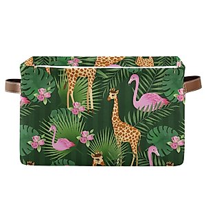 Tropical Flamingo Giraffe Storage Basket Collapsible Storage Bins Cubes Box Fabric Toy Chest Clothes Hamper Gift Baskets for Shelves Home Office Nursery Shoes with Leather Handles