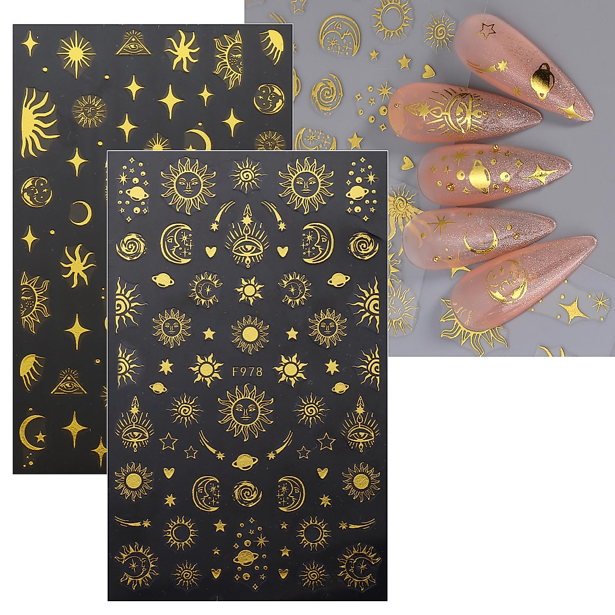 JMEOWIO 8 Sheets Moon Star Sun Nail Art Stickers Decals Self-Adhesive Pegatinas Uñas Gold Nail Supplies Nail Art Design Decoration Accessories