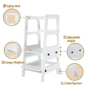 Zytty Toddler Step Stool Toddler Kitchen Stool, Adjustable-Height Toddler Tower Stool Kitchen Wooden Helper Step Stools for Kids, White
