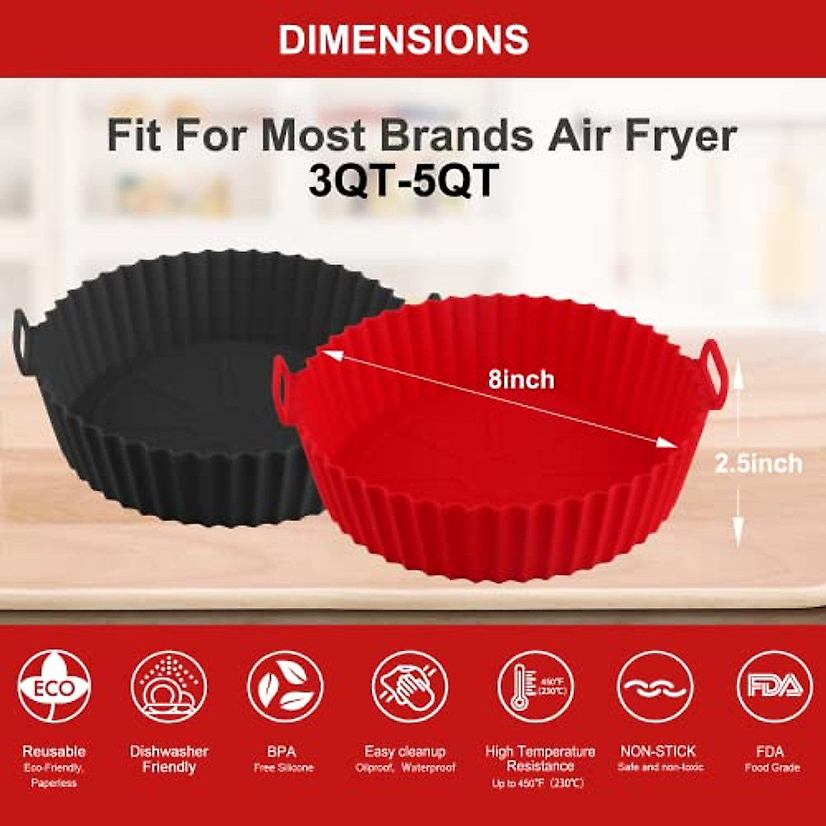 2-Pack Air Fryer Silicone Liners Pot for 3 to 5 QT, Silicone Air Fryer Liners Basket, Food Safe Air Fryer Oven Accessories, Reusable Air Fryer Silicone Liners Inserts (Top 8in,Bottom 6.8in)
