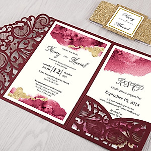 DORIS HOME 50PCS Laser Cut Wedding Invitations with Envelopes and RSVP Cards BLANK Inner With Gold Glitter Belly Band for Wedding Engagement Bridal Shower Party Invite 4.7x7 Inch Burgundy