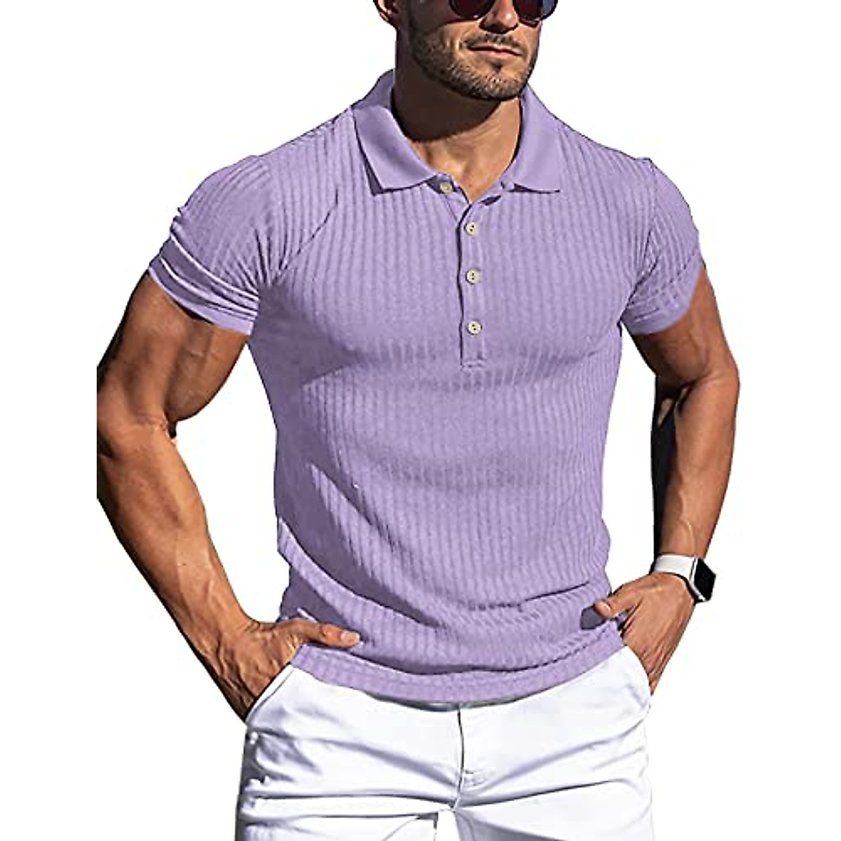 URRU Men's Muscle T Shirts Stretch Classic Ribbed Short Sleeve Casual Slim Fit Polo Golf Shirt Light Purple S