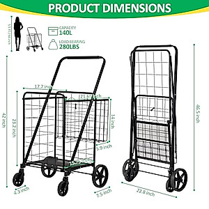 Spurgehom Grocery Cart on Wheels Folding Shopping Carts for Groceries 140L Jumbo with Removable Liner and Double Basket,360° Rolling Laundry Cart Lightweight Trolley for Seniors 280lb Capacity
