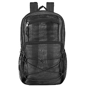 Deluxe Mesh Backpack with Bungee Cord & Adjustable Padded Straps, for Swimming, School, Travel (Black)