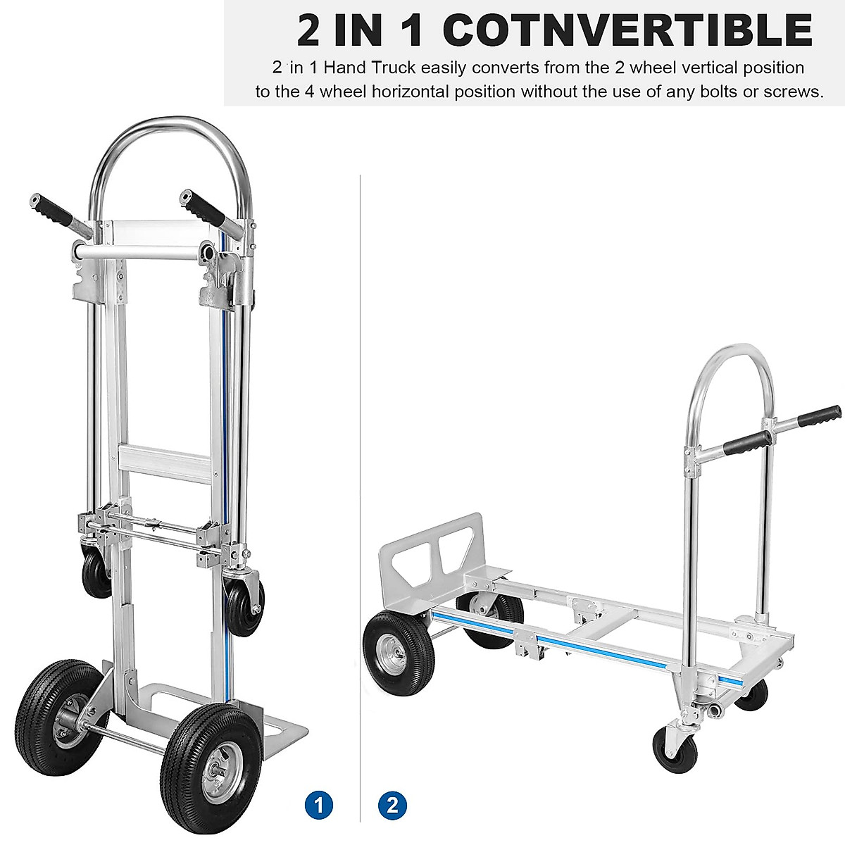 TOPDEEP 2 in 1 Aluminum Hand Truck, Industrial Convertible Hand Truck and Dolly 1000 LBS Capacity, Heavy Duty Hand Truck Flatform Cart with 10" Hi Tech Rubber Wheels