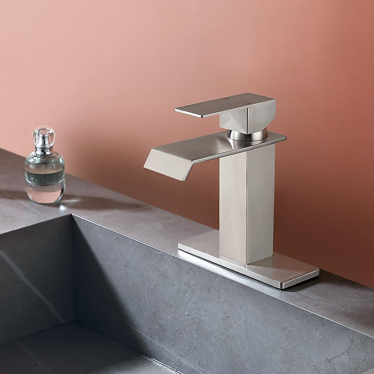 Poumao Waterfall Bathroom Faucet Bathroom Sink Faucet Brushed Nickel Single Handle Vanity Lavatory Faucets with Deck Plate for 1 or 3 Holes