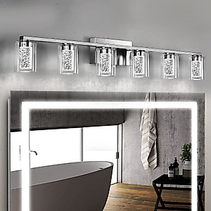 SADENICEL 6 Light Brushed Nickel Bathroom Light Fixtures, LED Vanity Lights Crystal White/Neutral/Warm Bathroom Lights Over Mirror for Bathroom, Bedroom,Living Room (6 Light)