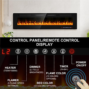 BREEZEHEAT 72inch Electric Fireplace Recessed Wall Mounted-Ultra Thin Fireplace Heater for Living Room/Bedroom with 2 Heat Vents, Remote Control, Touch Screen, Adjustable Flame, 8H Timer, 750w/1500w