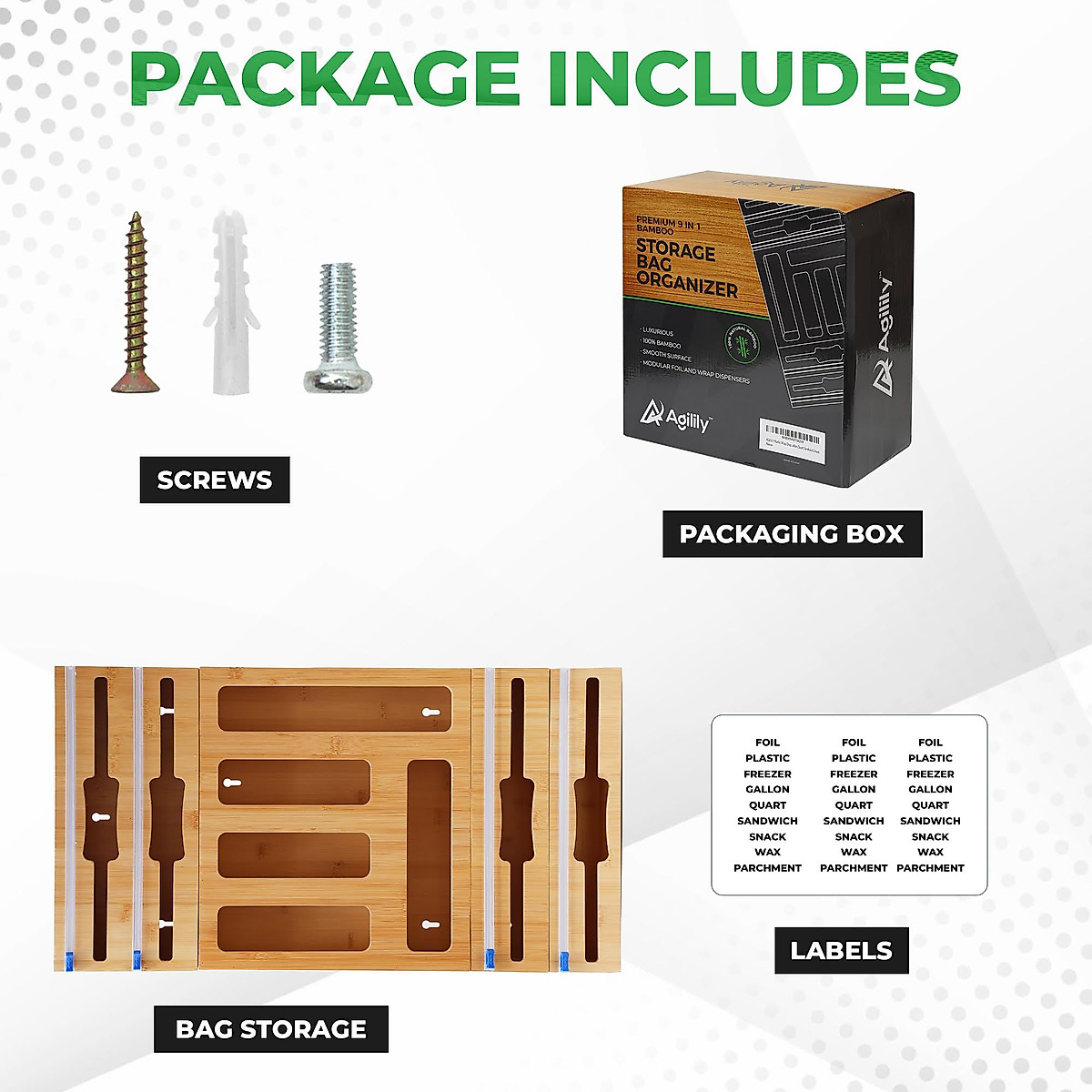 AGILILY 9 IN 1 Bamboo Storage Bag Organizer for Kitchen Drawer, Plastic Wrap and Foil Dispenser with Cutter, Compatible with Gallon, Quart, Sandwich and Snack Variety Size Bags (Natural, 3.5” High)