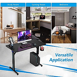 Tangkula Gaming Desk, T-Shaped Computer Desk w/Game Controller Stand, Cup Holder and LED Light, Ergonomic Home Office Game Station with Carbon Fiber Surface (Black)