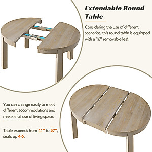 Merax Round Dining Table Set for 4, Extendable Wood Frame with Drawers and Wooden Chairs, Built-in 16" Removable Leaf, Natural