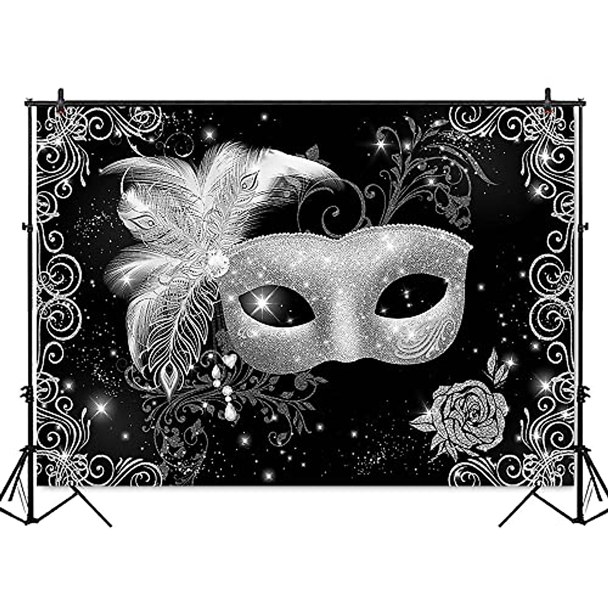 Mocsicka Masquerade Ball Backdrop Black Silver Masquerade Party Background Mardi Gras Costume Party Cake Table Decoration Banner Photo Booth Props (7x5ft)