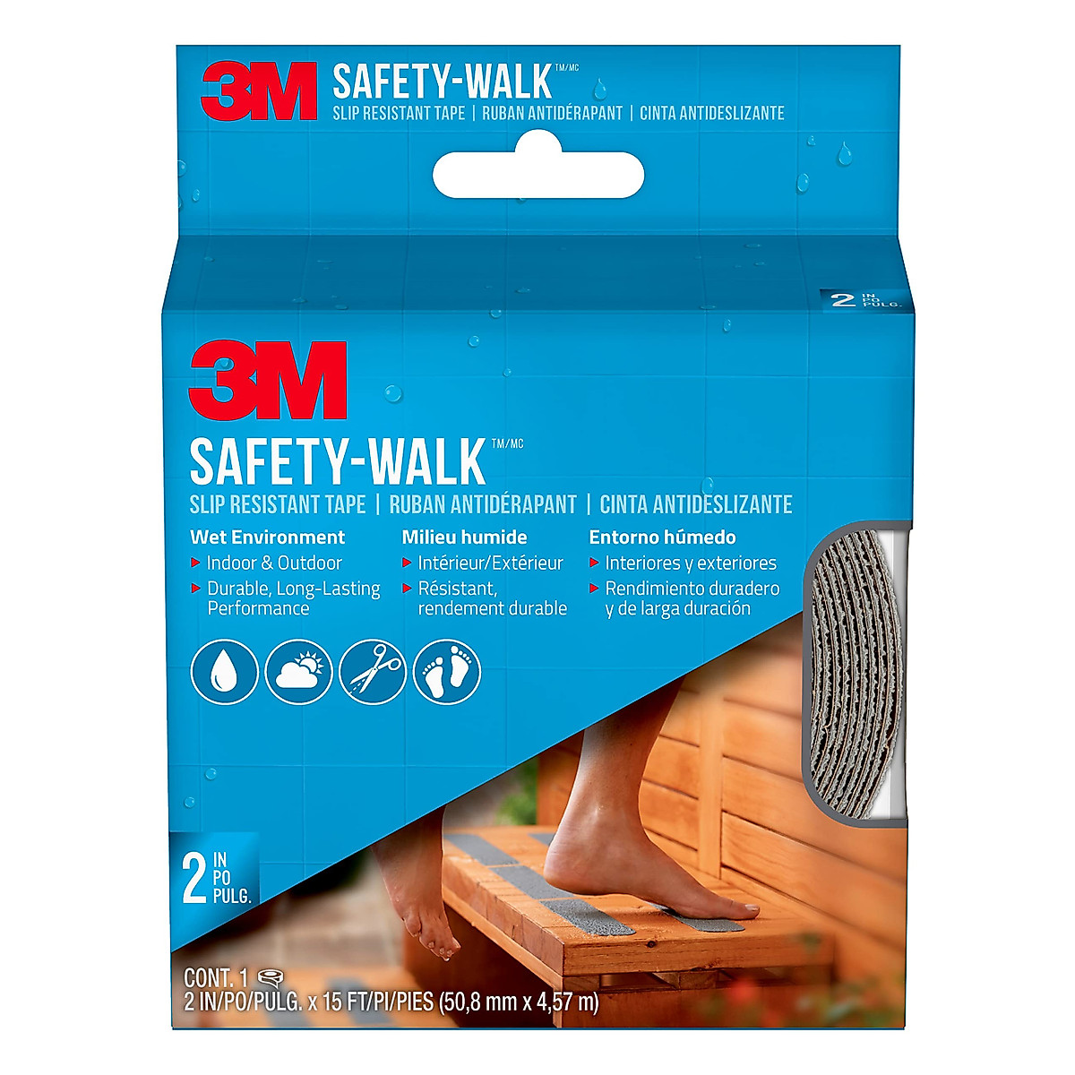 3M Safety-Walk Slip Resistant Tape, 2 in x 15 ft, Anti Slip Grey Tape, Ideal For Slippery & Wet Conditions, Self-Adhesive Backing, Quick & Easy Application, Durable & Long-Lasting (370G-R2X180)