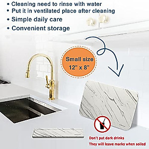 Dish Drying Mats for Kitchen Counter, Diatomaceous Earth Mat, 12”x8” & 9”x3” Small Size Hard White Water-Absorbent Heat-Resistant Non-Slip Diatomite Mat, Draining Mat for Drying Rack (Marble)