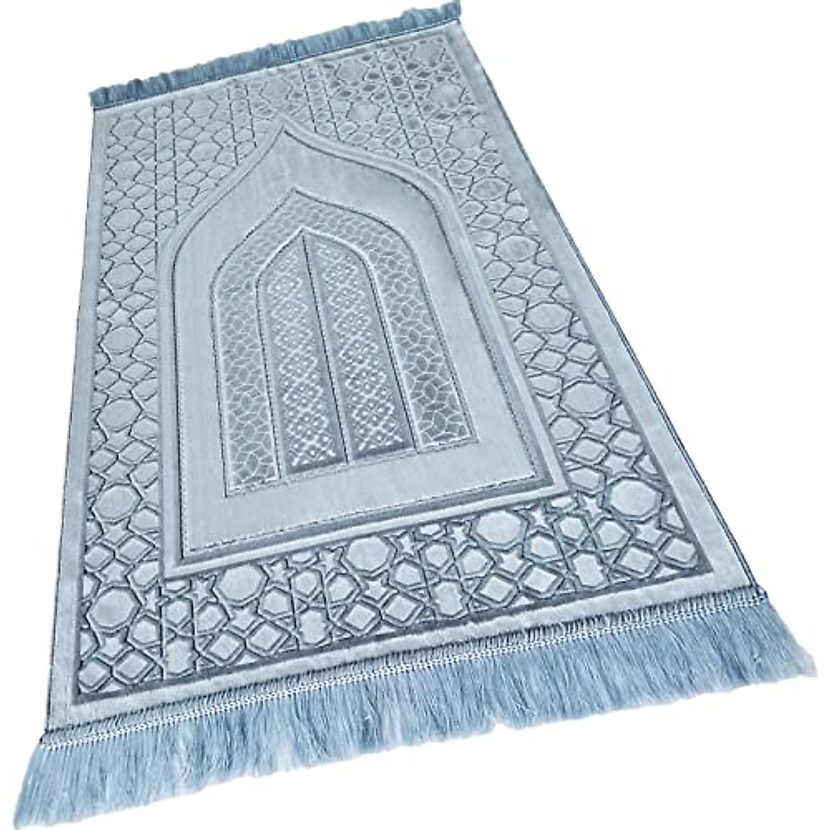 Durable Prayer Rug Muslim Mat Islamic - Luxurious Velvet Turkish Prayer Rug Sajadah for Kids Men Women for Eid Travel Ramadan, Soft and Luxury (Blue)