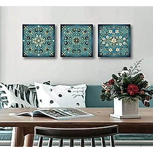 Bathroom art Bedroom decor Canvas wall art Floral pattern Print Bathroom abstract picture Teal bathroom accessories Wall decor Framed artwork Wall art hanging on Living room office 14"x14"x4 Panels