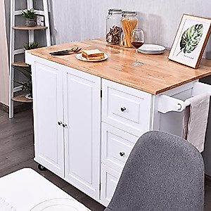 GLACER Kitchen Island Cart on Wheels, Rolling Kitchen Island with Drop Leaf Top, Kitchen Trolley Cart with Drawers, Towel Rack & Bottle Rack, 53.5 x 30 x 36 inches (White)