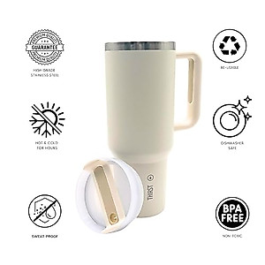 THIRST Quench H2.0 40 oz tumbler with handle and straw | Stainless Steel Tumbler | Insulated Tumbler | Double Wall Mug | Thermos | Cup | Water Bottle (New Generation Lid & Straw) (Dune)
