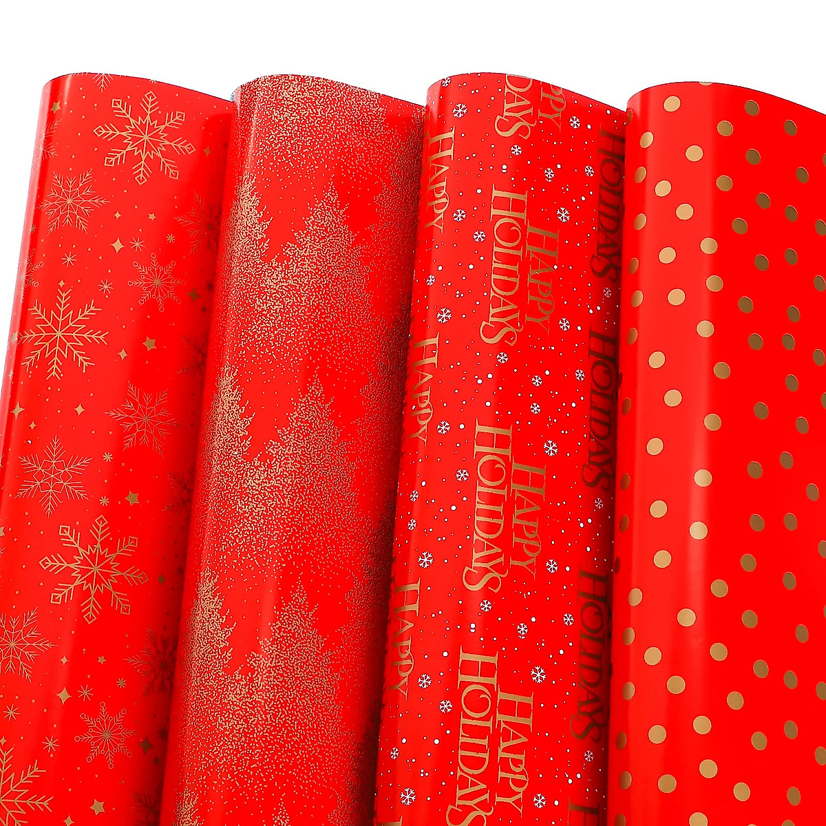 LeZakaa Christmas Gift Wrapping Paper - 12 Folded Sheet with 4 Different Christmas Design in Red (Snowflake, Tree, Dot, Happy Holiday Lettering)- 27.5 x 19.6 inches Per Sheet