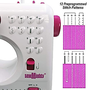 Sew Mighty Mini Sewing Machine – Portable, Battery & AC Powered, 12 Programmed Stitch Patterns, Dual Speed – Sews Forward & Reverse, AC Power or Battery Operated – Includes Foot Pedal