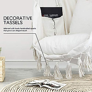 WBHome Extra Large Hammock Chair Swing with Hardware Kit, Hanging Macrame Chair Cotton Canvas, Include Carry Bag & Two Soft Seat Cushions, for Bedroom Indoor Outdoor, Max. Weight 330 Lbs (Beige)