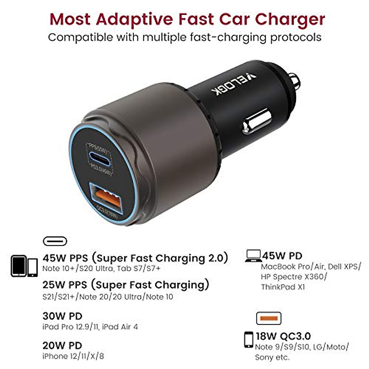 VELOGK Super Fast Type C Car Charger [73W Turbo], Metal Adaptive 55W 45W PPS/PD&QC3.0 USB C Car Adapter[Super Fast Charging 2.0]for Samsung S23 Ultra/S22+/S21/S20/Note 20/10 Plus,iPad Pro/Air,Macbook