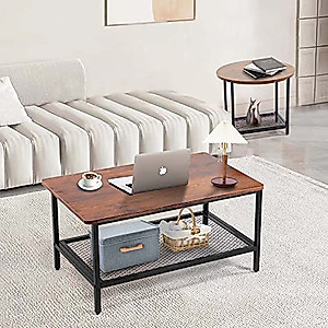 BETTAHOME 2 Piece Industrial Coffee Table Set, Detachable Nesting Rectangular and Round Side Table with Storage Shelf, Ideal for Living Room, Small Spaces Rustic Brown BT003