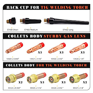 55 PCS TIG Torch Kit TIG Gas Lens Collet Body Welding Torch Stubby Kit Fit WP-17 WP-18 WP-26 TIG Welding Torch