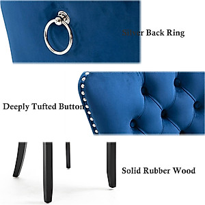 Rhomtree Set of 2 Velvet Fabric Dining Chairs Luxury Tufted Back with Nailed Trim and Back Ring Pull Home Kitchen Dining Room Chairs Armless Accent Side Chairs Solid Rubber Wood Legs, Set of 2 (Blue)