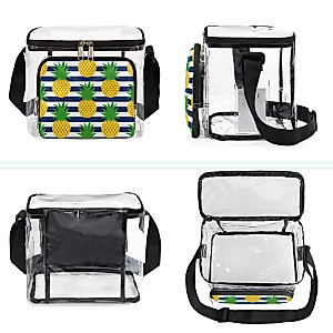 bisibuy Pineapple Striped Background Clear Lunch Bag Stadium Approved PVC Plastic See Through Lunch box with Adjustable Strap for Sports Events Concerts Office
