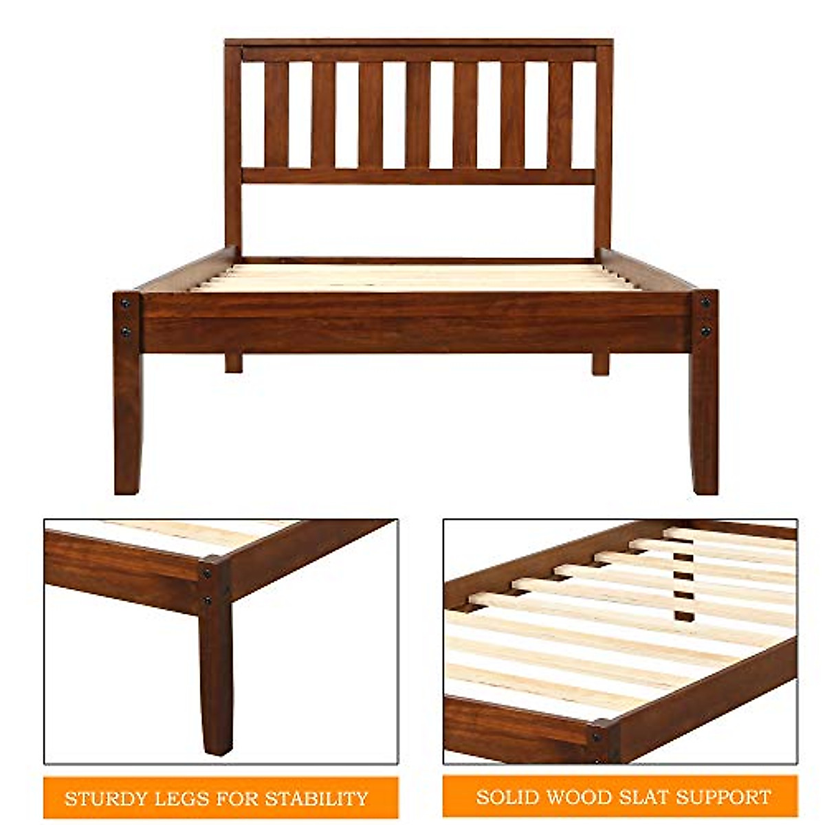 SOFTSEA Twin Bed Frame with Headboard, Farmhouse Kid's Platform Bed Frame with Wood Slat Support, Walnut