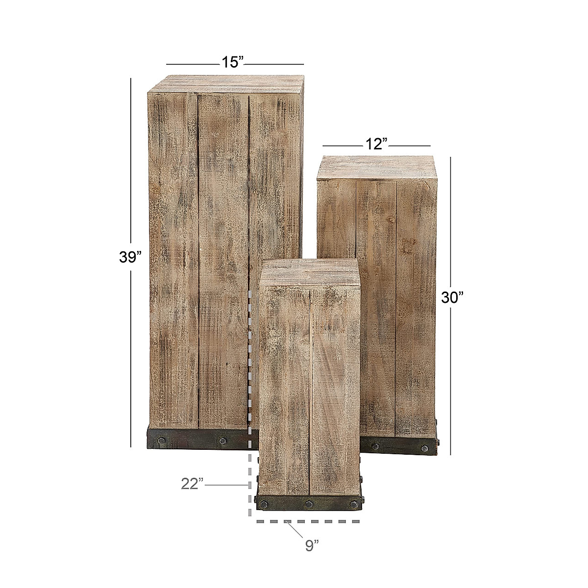 Deco 79 Rustic Wood Square Pedestal Table, Set of 3 39", 30", 22"H, Brown