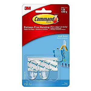 Command Small , Damage Free Hanging Wall Hooks with Adhesive Strips, No Tools Wall Hooks for Hanging Decorations in Living Spaces, 2 Clear Wall Hooks and 4 Command Strips
