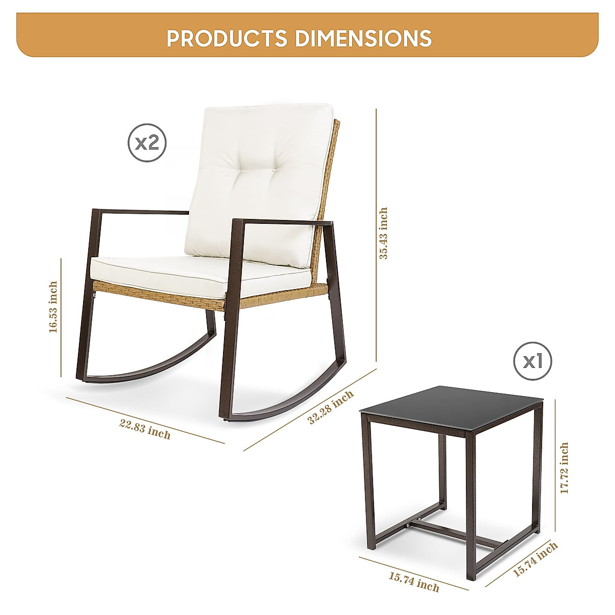 YIYAN 3 Pieces Patio Bistro Set Outdoor Rattan Wicker Rocking Chairs Set,Patio Outdoor Furniture Conversation Sets with Sofa Chairs,Glass Coffee Table and Washable Cushion (Light Beige)