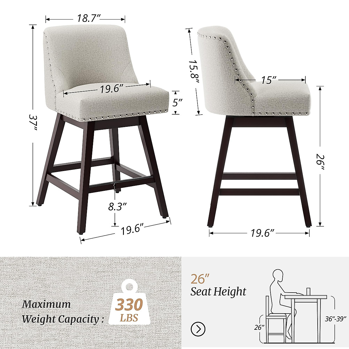 Cozyman 26 Inch Bar Stools Set of 3, Light Gray Swivel Counter Stools with Back, Linen Fabric Upholstered Barstools, Solid Wood Legs with Footrest, Modern Bar Stool for Kitchen Island, Pub