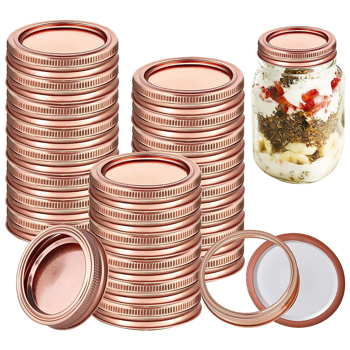 Mason Canning Lids and Rings,Aulufft 24 Sets Mason Jar Split-type Lids and Bands Leak Proof Secure Stainless Steel Mason Storage Covers, Rose Gold