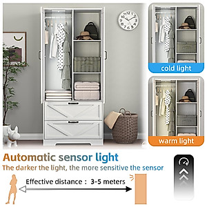 UZUGUL Armoire Wardrobe Closet with Mirror Door and 2 Drawer,Farmhouse Bedroom Armoire Cabinet with Hanging Rod and Light,Wooden Wardrobe Cabinet Closet with Adjustable Shelf for Bedroom