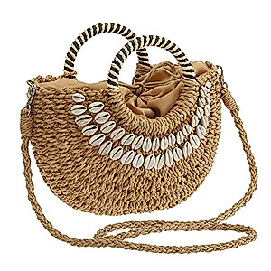 So'each Women's Handbag Shell Wicker Woven Rattan Straw Tote Bag Crossbody Bag Khaki