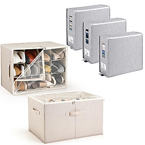 Homaisson 2-Pack Shoe Storage Organizer for Closet, Large Shoe Box Storage + 3 Pack Bed sheet organizers and storage, Foldable Sheet Set Organizers for Linen Closet (Khaki+Grey)