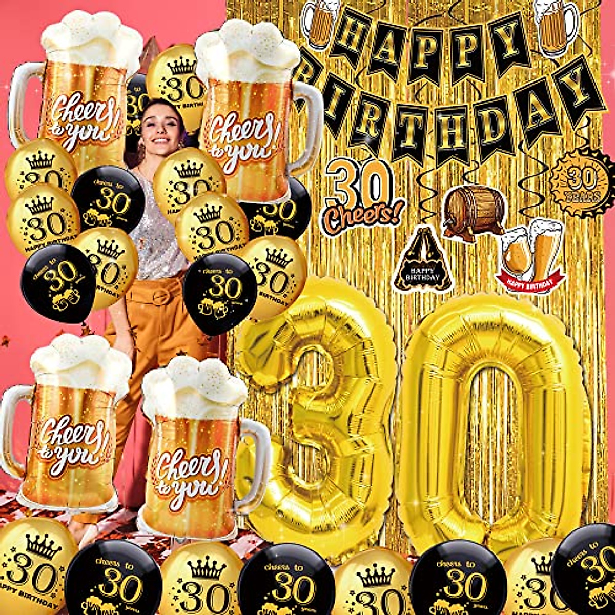 30th birthday decorations for him men - (60pcs) black gold party Banner, 40 Inch Gold Number Balloons,30th Sign Latex Balloon,Fringe Curtains and cheers to you Foil Balloons,Hanging Swirl,photo props