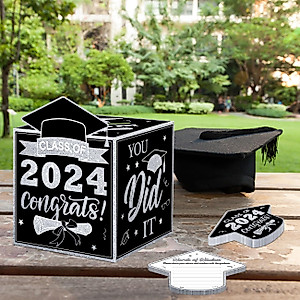 Graduation Card Box 2024 Graduation Decorations, Congrats Grad Card Box with 48 PCS Advice Cards, Black and Sliver Class of 2024 Graduation Gift Card Box for College High School Grad Party Supplies