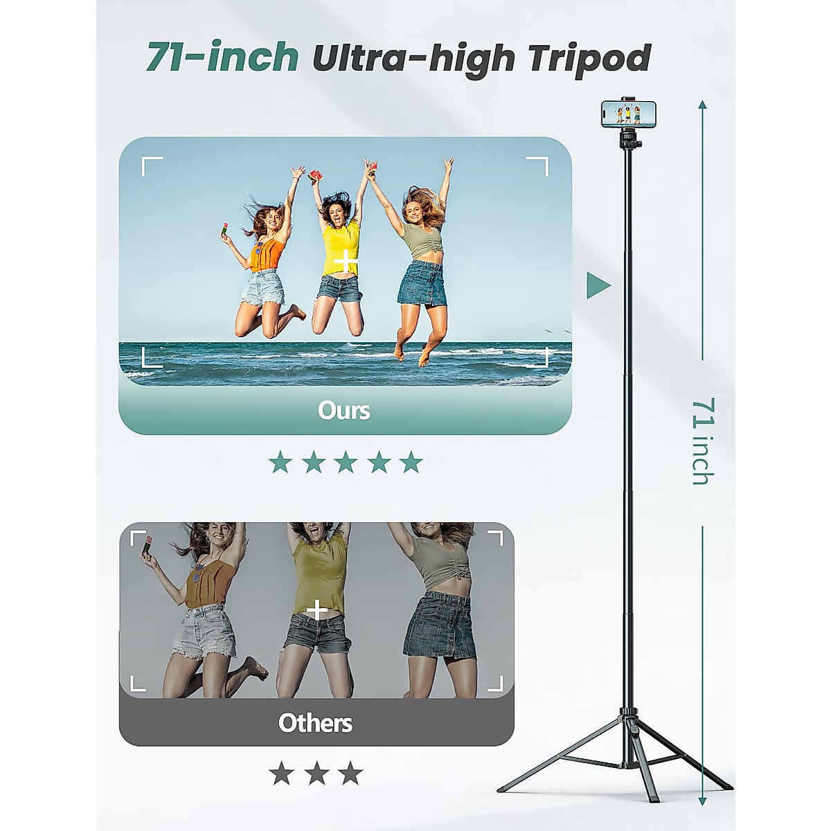 71'' Phone Tripod & Selfie Stick, Tripod for iPhone with Detachable Remote, Portable Phone Tripod Stand for Video Recording, Travel Tripod for Cell Phone, Compatible with Smartphones, DSLR