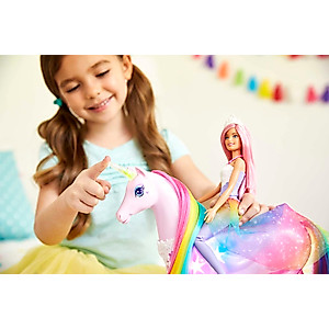 Barbie Dreamtopia Magical Lights Unicorn with Rainbow Mane, Lights and Sounds, Princess Doll with Pink Hair and Food Accessory, Gift for 3 to 7 Year Olds, Multi, Única