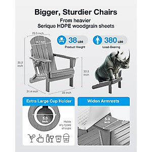 Serique Folding Adirondack Chair Wood Texture, Patio Chair Weather Resistant, Outdoor Chair, Lawn Chair with Cup Holder, Fire Pit Chair for Deck, Outdoor, Porch, Backyard, Garden (Grey)